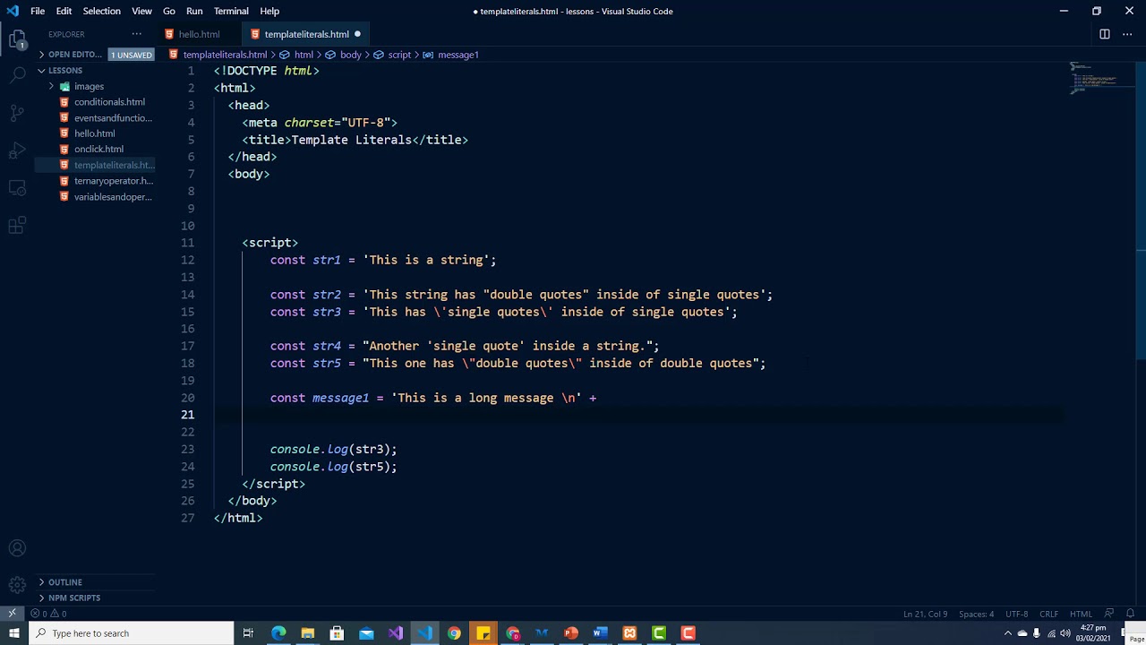JavaScript Template literals and string interpolation