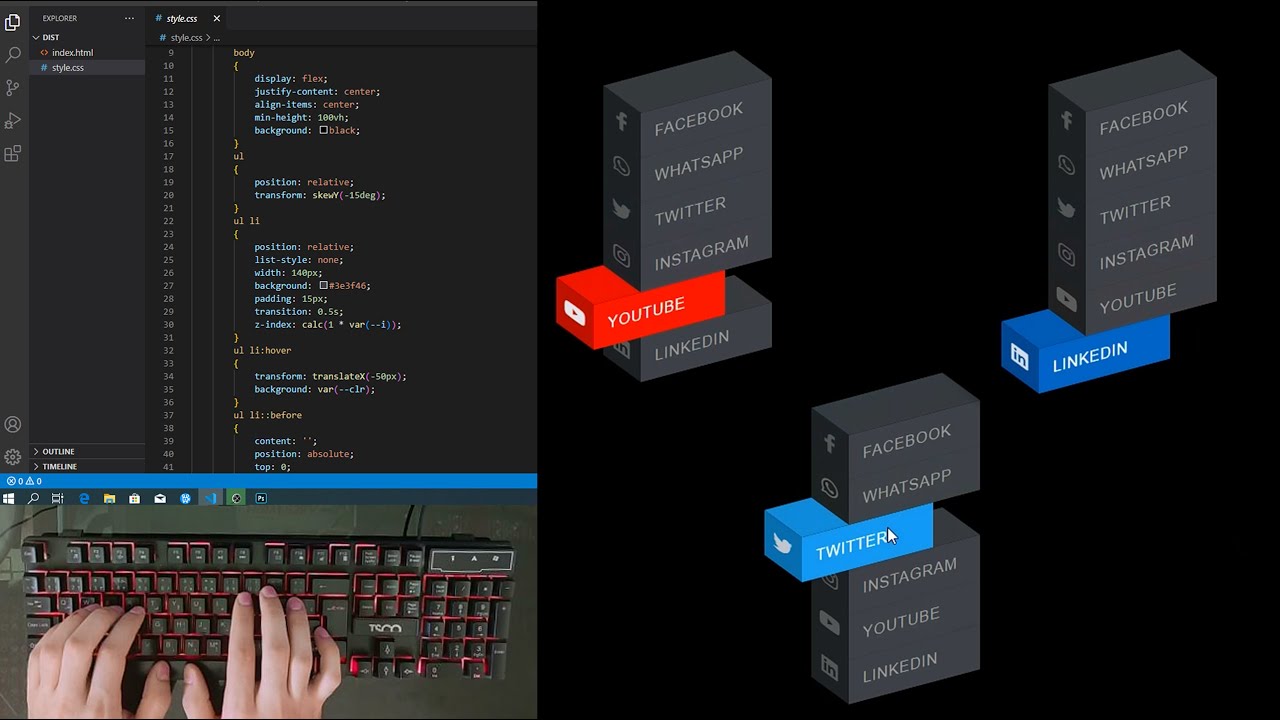 ASMR Programming - CSS 3D Isometric Social Media Menu Hover Effects Html CSS Tutorials - No Talking