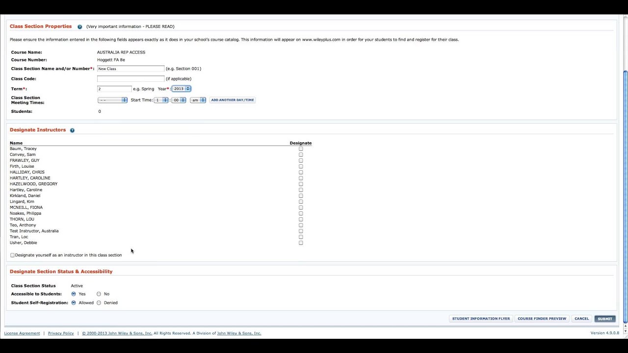 WileyPLUS Instructor Help - How to create a class section