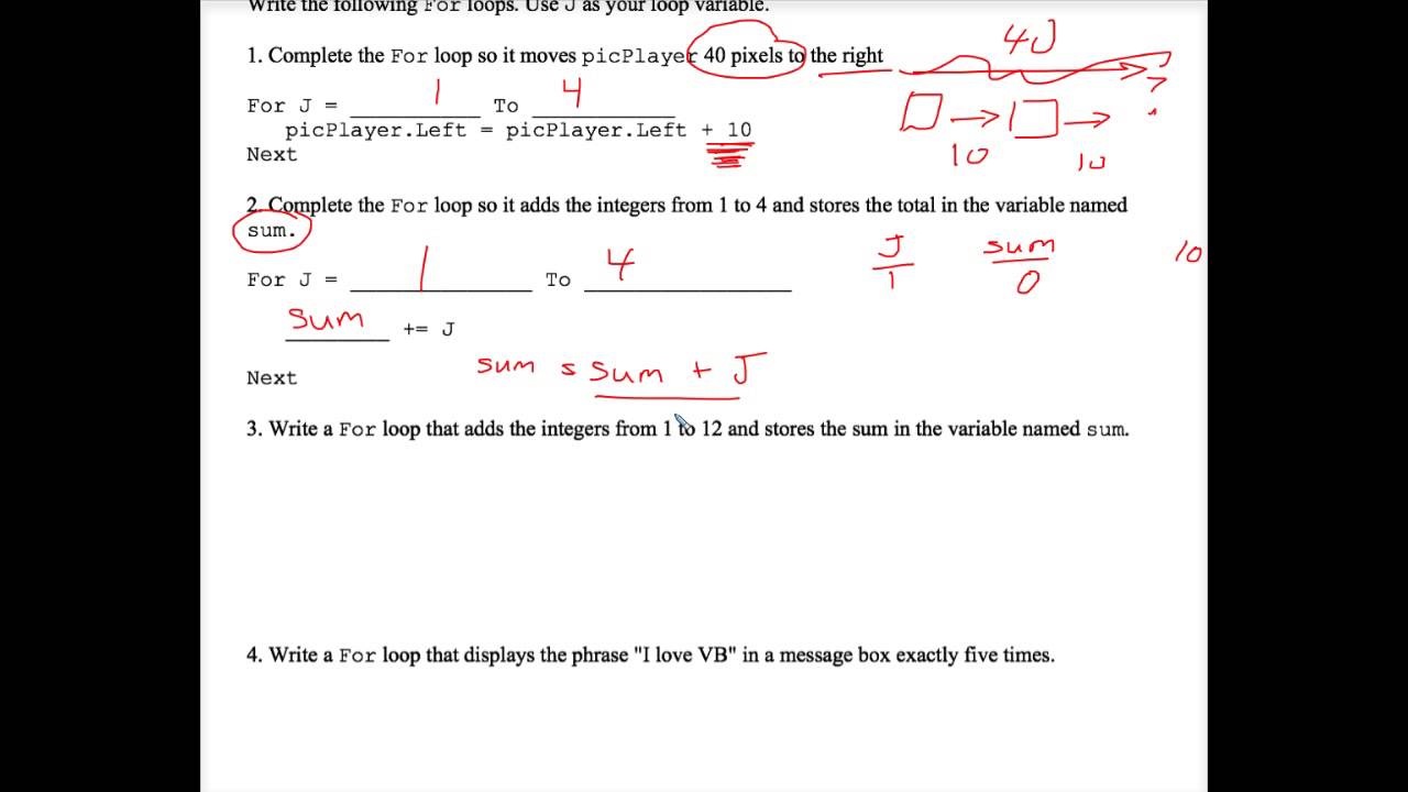 VB Writing For Loops Worksheet #1