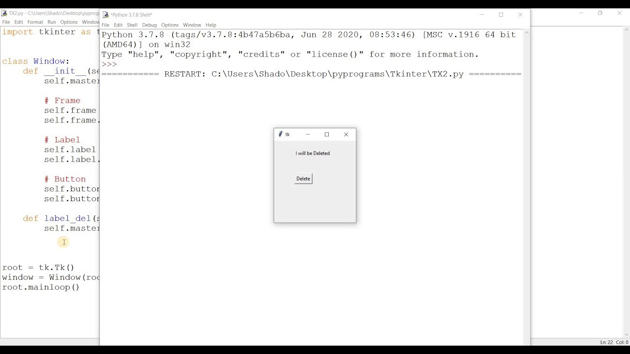Tkinter Tutorial - Destroying/Deleting widgets from the Window