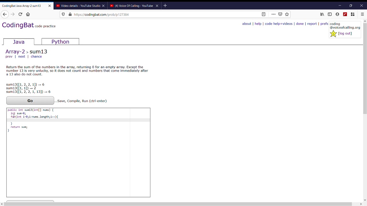 Array-2 (sum13) Java Tutorial || codingbat.com
