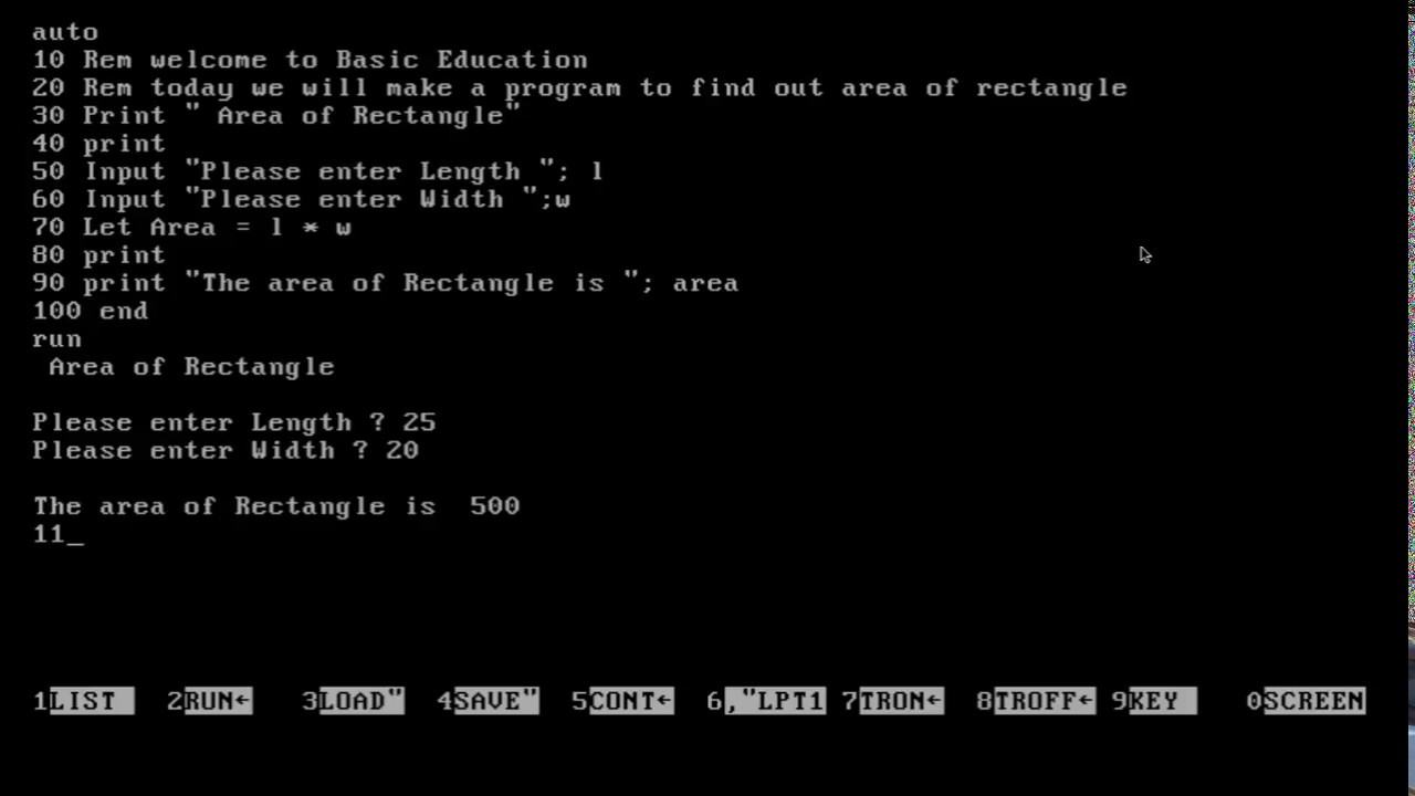 Program to Find Area of a Rectangle | GW BASIC Programming Tutorial
