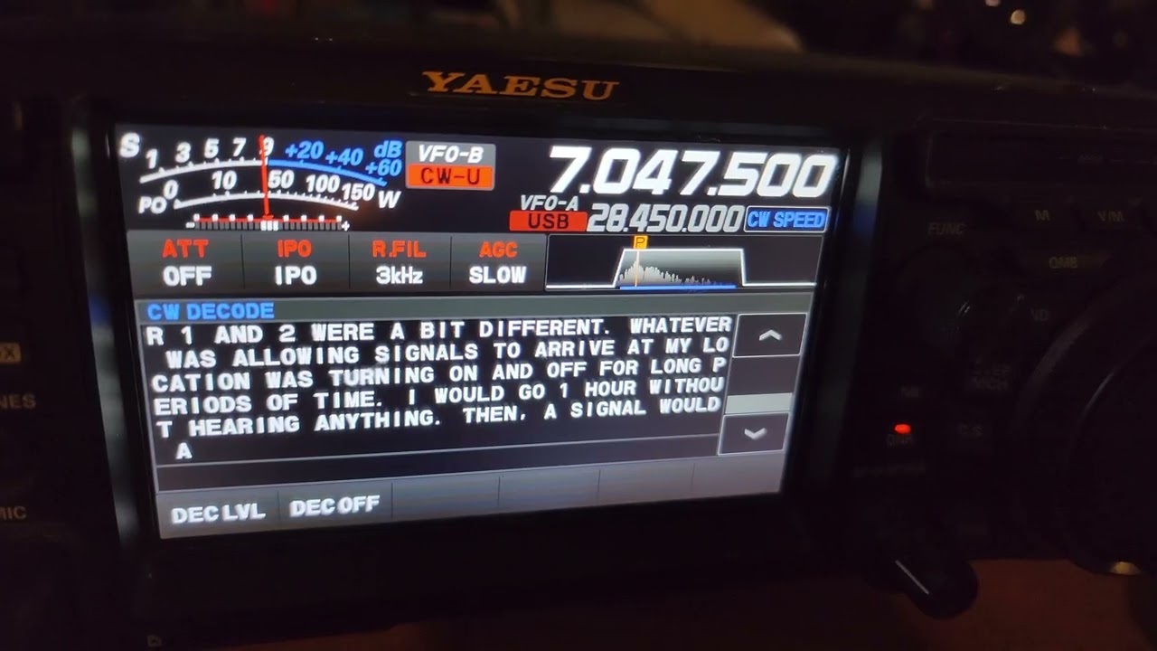 Decoding the W1AW Morse code bulletin on 40 meters with the Yeasu FTdx10 built in decoder