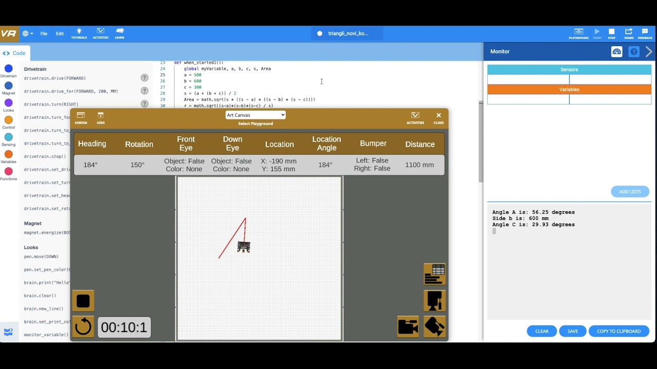 Solving SSS Triangles - VEXCode VR - Python