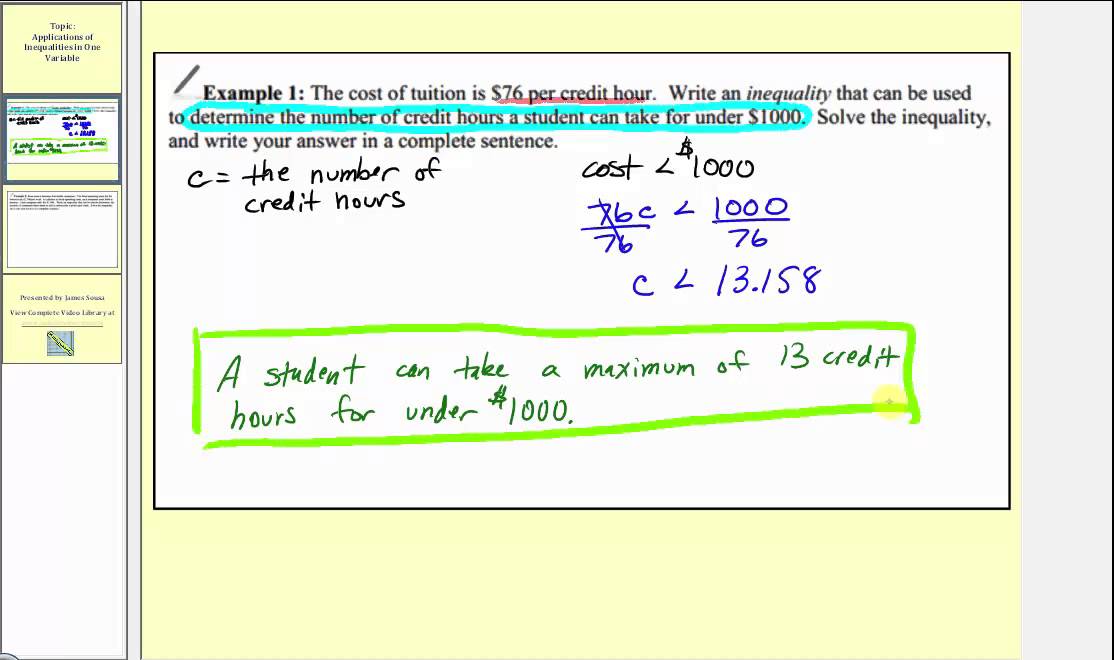Linear Inequalities in One Variable Application Problems (L7.4)