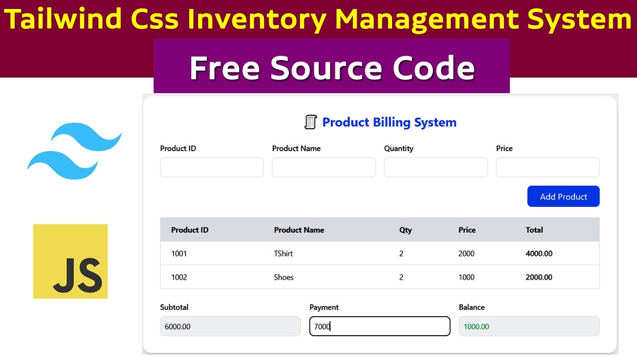Tailwind Css inventory management system Free source code