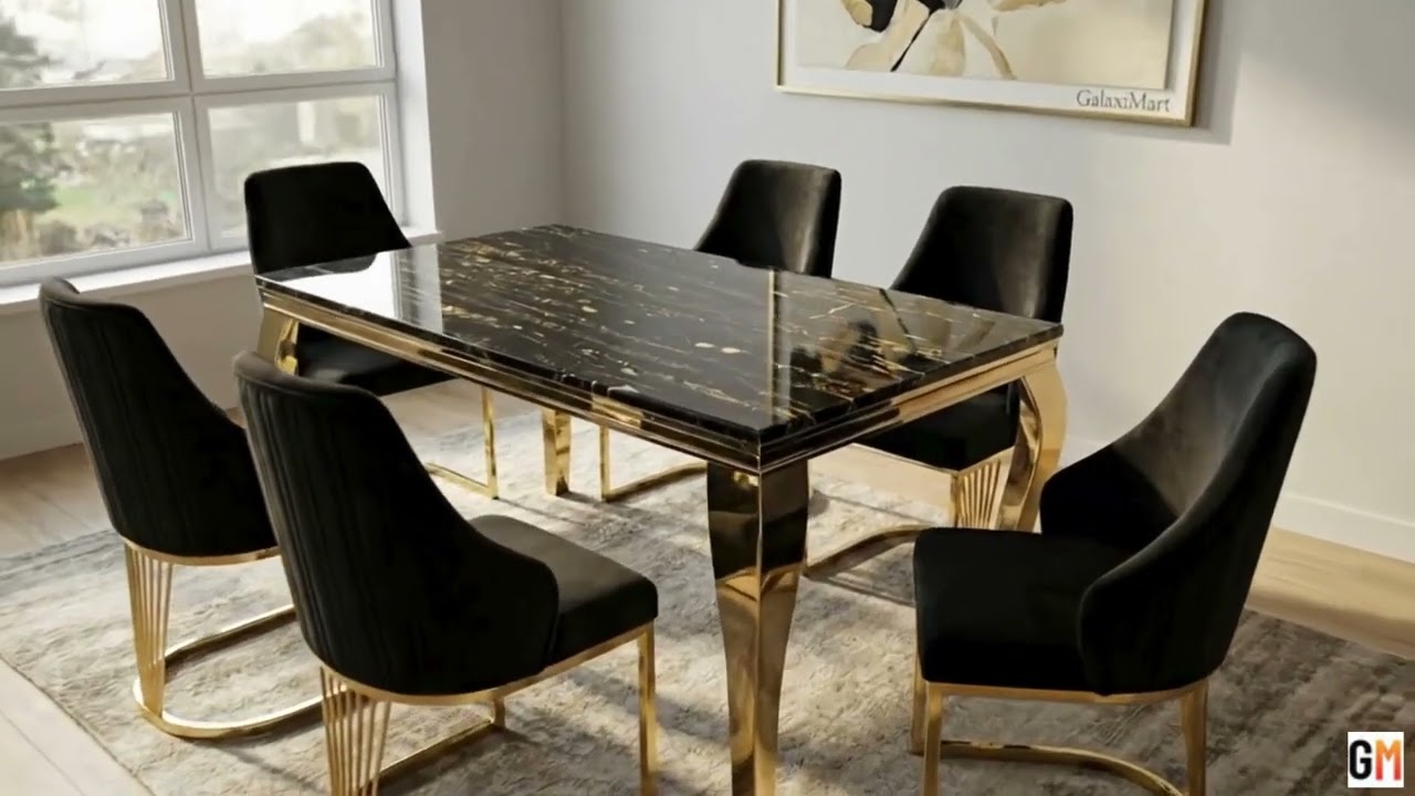 Louis Luxury Black & Gold Marble Dining Table with Lasco Black & Gold velvet chairs #goldmarbletable