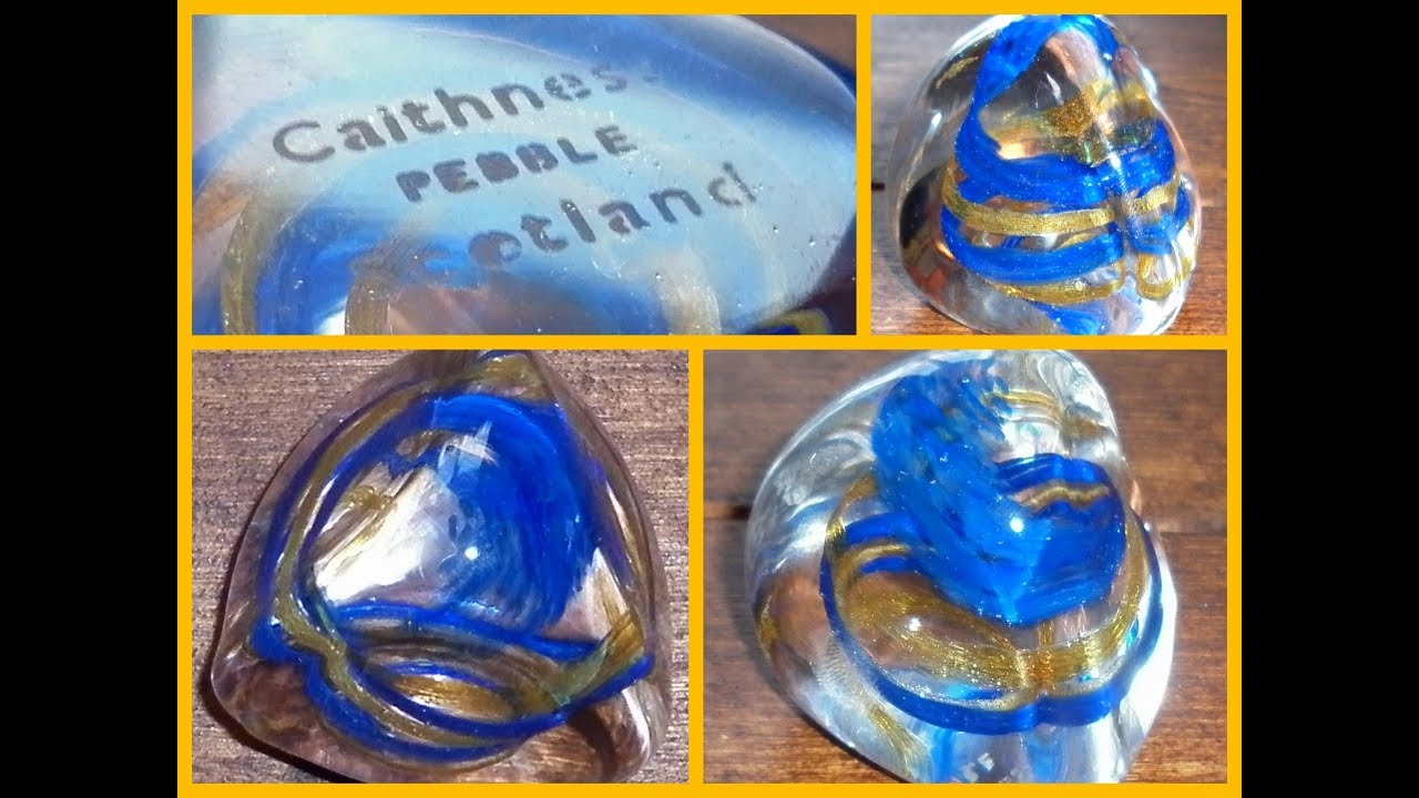 Caithness Studio Etch Marked Blue & Gold 'Pebble' Design Art Glass Paperweight