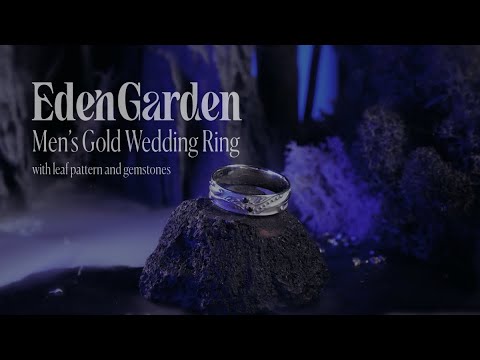 Men’s Gold Wedding Ring with Leaf Pattern and Gemstones