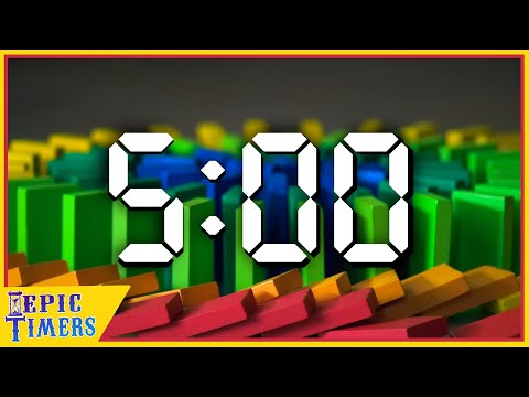 5 Minute countdown classroom timer with falling Dominoes, chill music and quiet alarm.