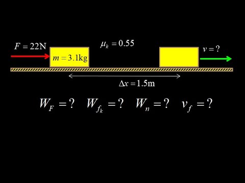 Work done by a constant force on a brick, and final speed. Includes friction.