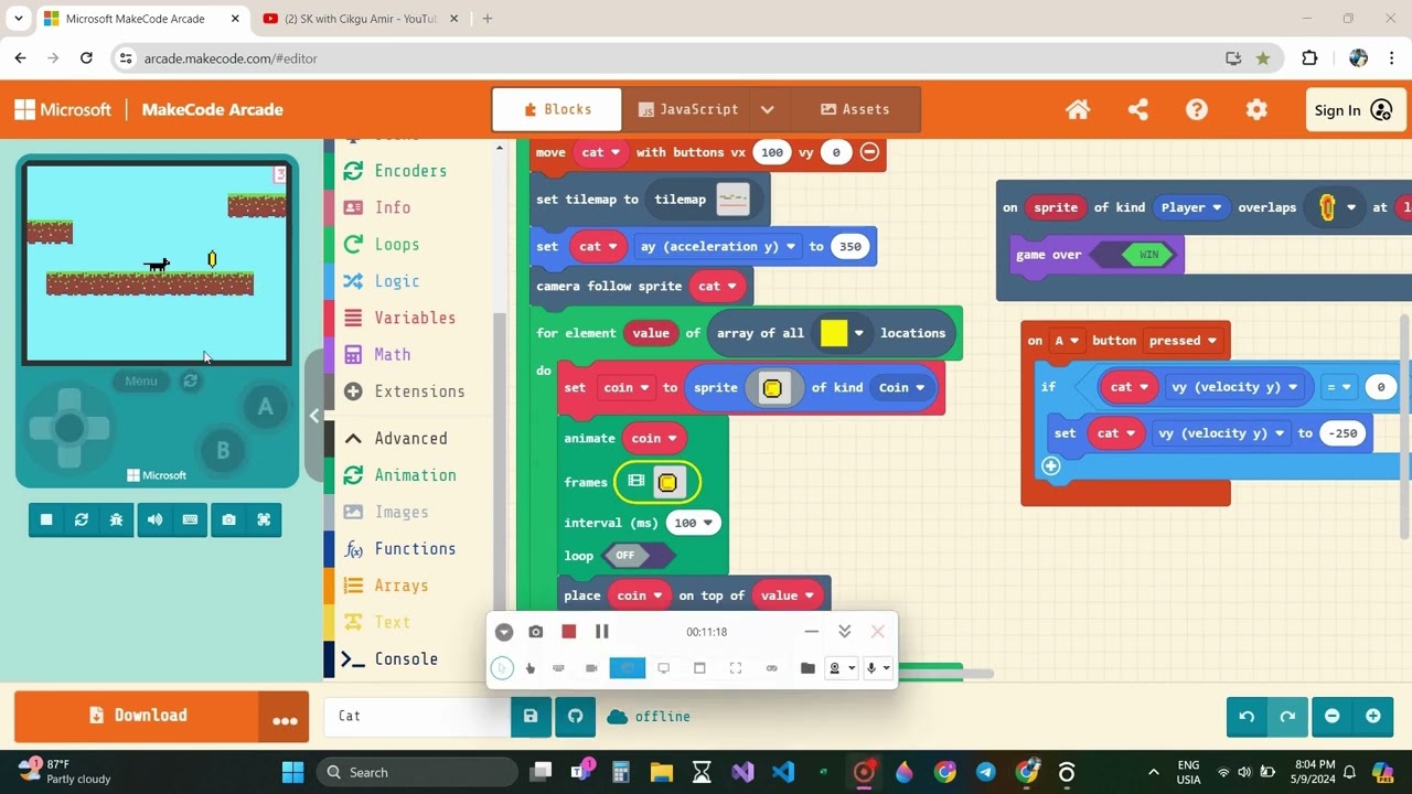 Microsoft MakeCode Arcade Project 3: 'Platform Game 2' Created by Trishanth Kumar