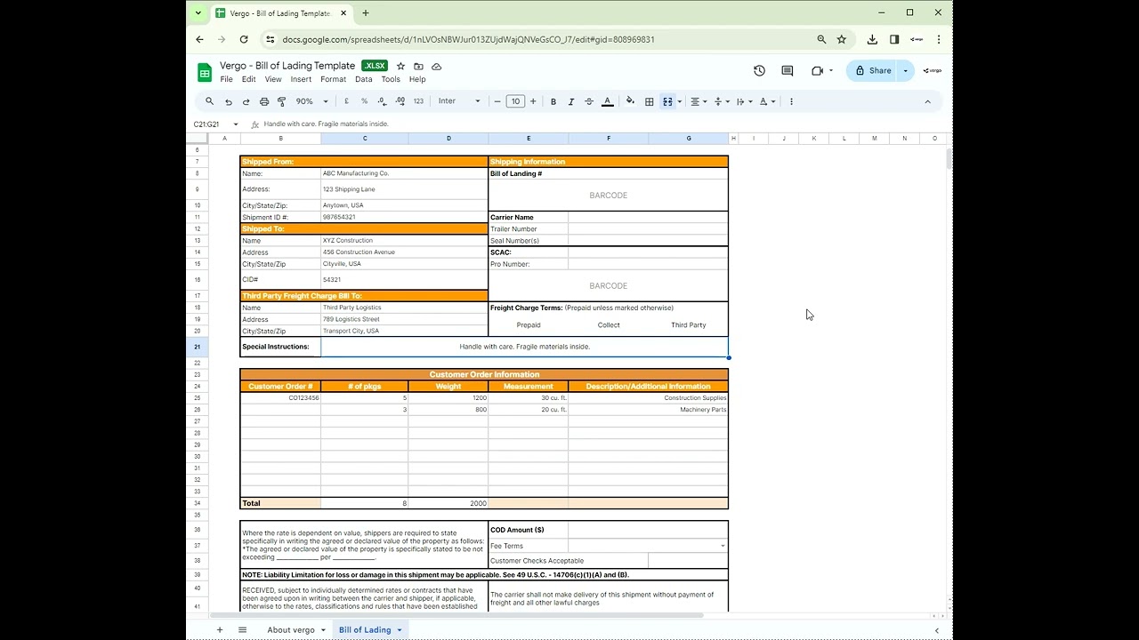Vergo Bill of Lading Template