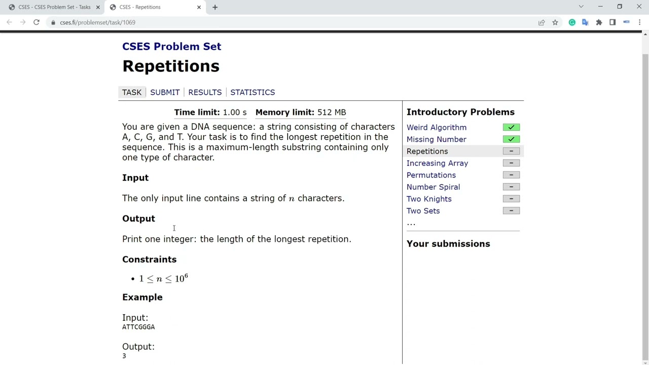3. Solution for the problem repetitions from CSES problem set