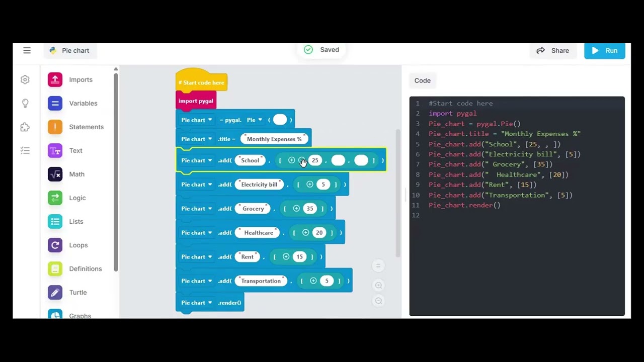 Creating a pie chart in EduBlocks using Python..