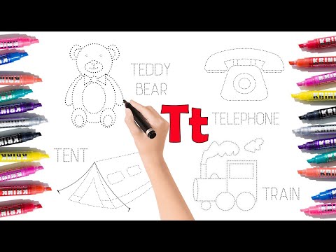 Coloring ,train , telephone , tent , teddybear | Words Start With t | how to draw tracing t for tent