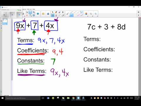 Coefficients, Constants, Terms, and Like Terms Vocab Review Video