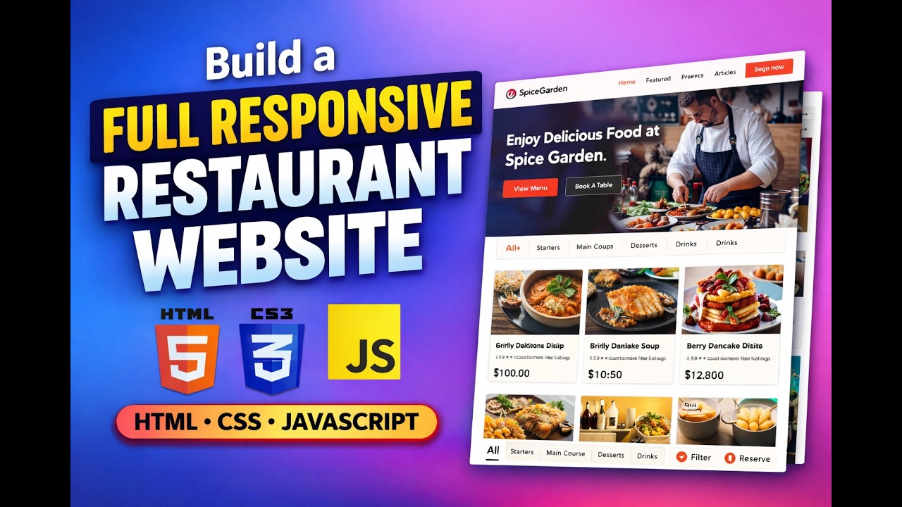 Build a Full Responsive Restaurant Website using HTML CSS JavaScript | Complete Single File Project