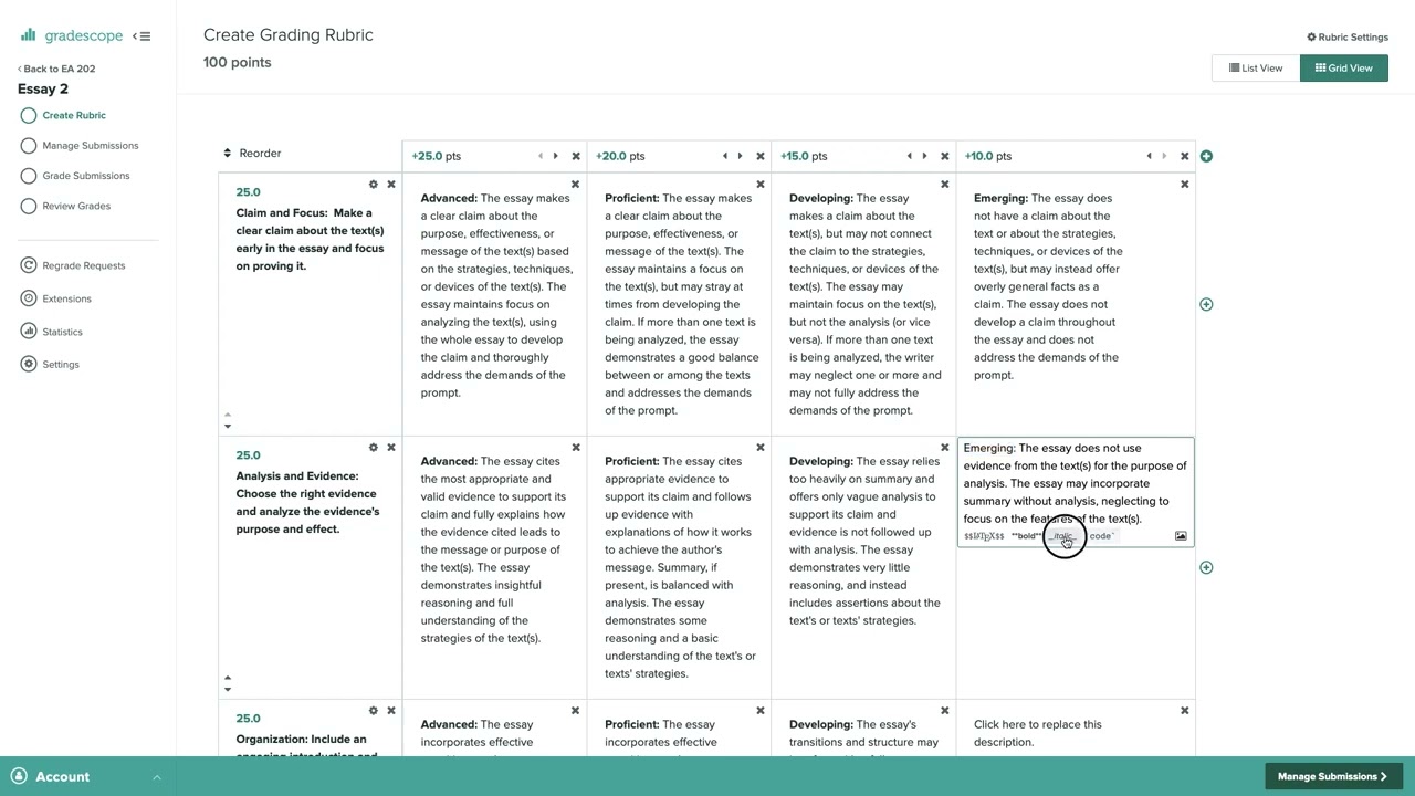 Create a Grid Rubric
