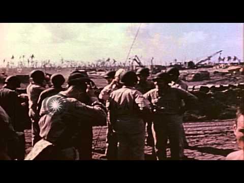 Admiral Nimitz and his party inspect island and move around on Kwajalein Island, ...HD Stock Footage