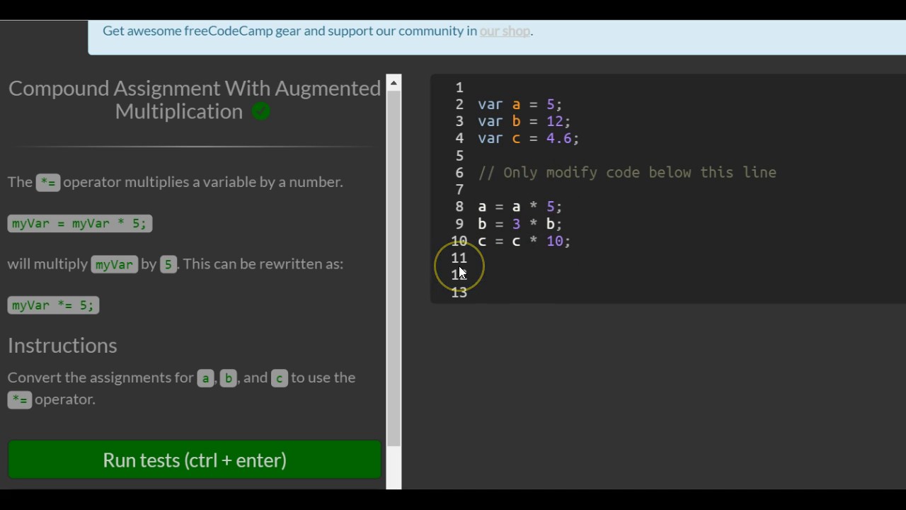 Compound Assignment With Augmented Multiplication, freeCodeCamp Basic Javascript
