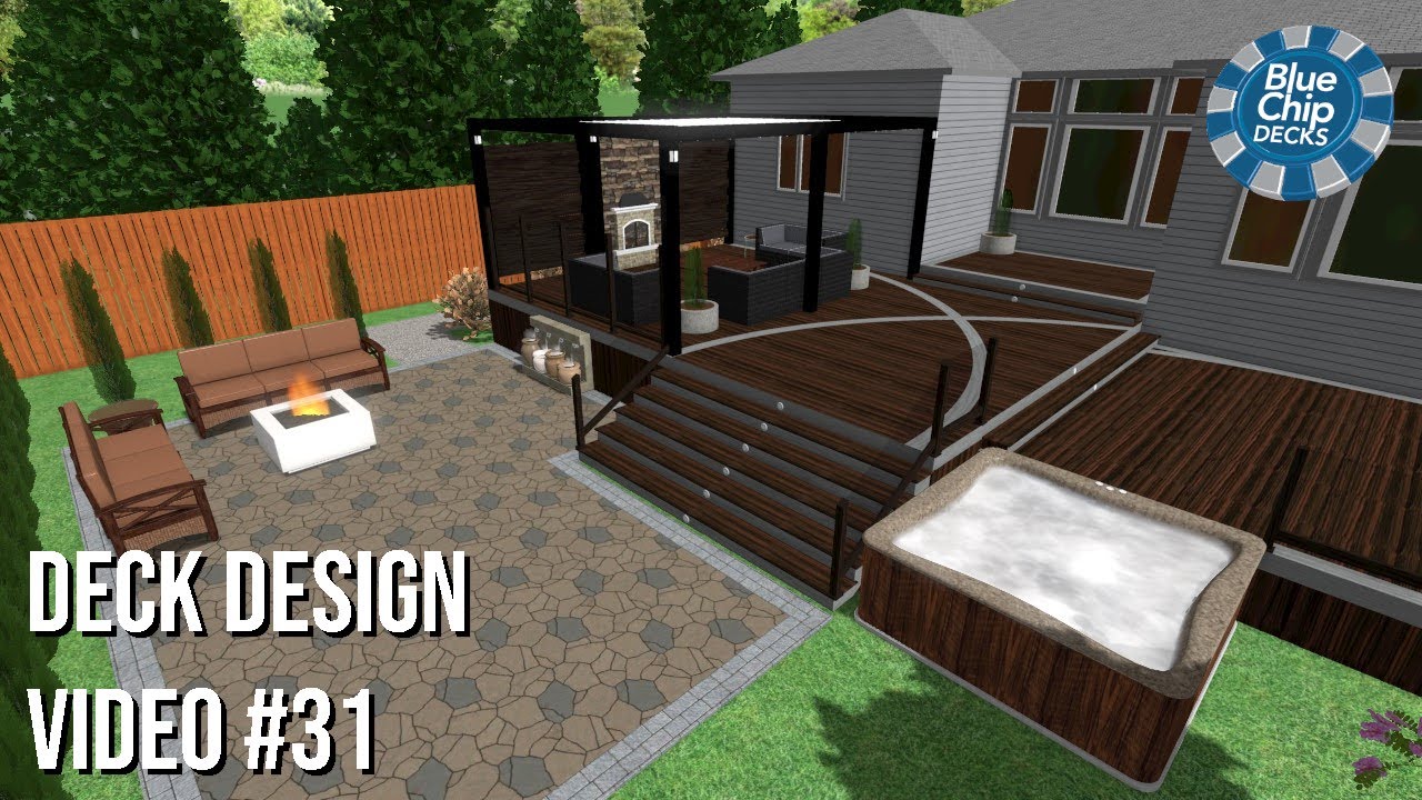 3D Deck Design Video #31 Large Two-Tier Composite Deck With a Large Pergola, Fire Pit & Hot Tub Area