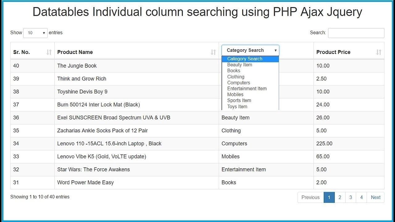 Datatables Individual column searching using PHP Ajax Jquery