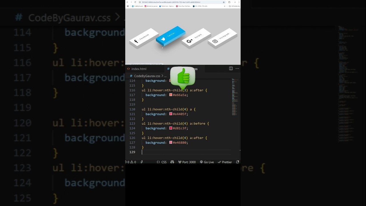 🧊 3D CSS Social Tiles with Hover Animation | #webdevelopment #coding #animation  #shorts