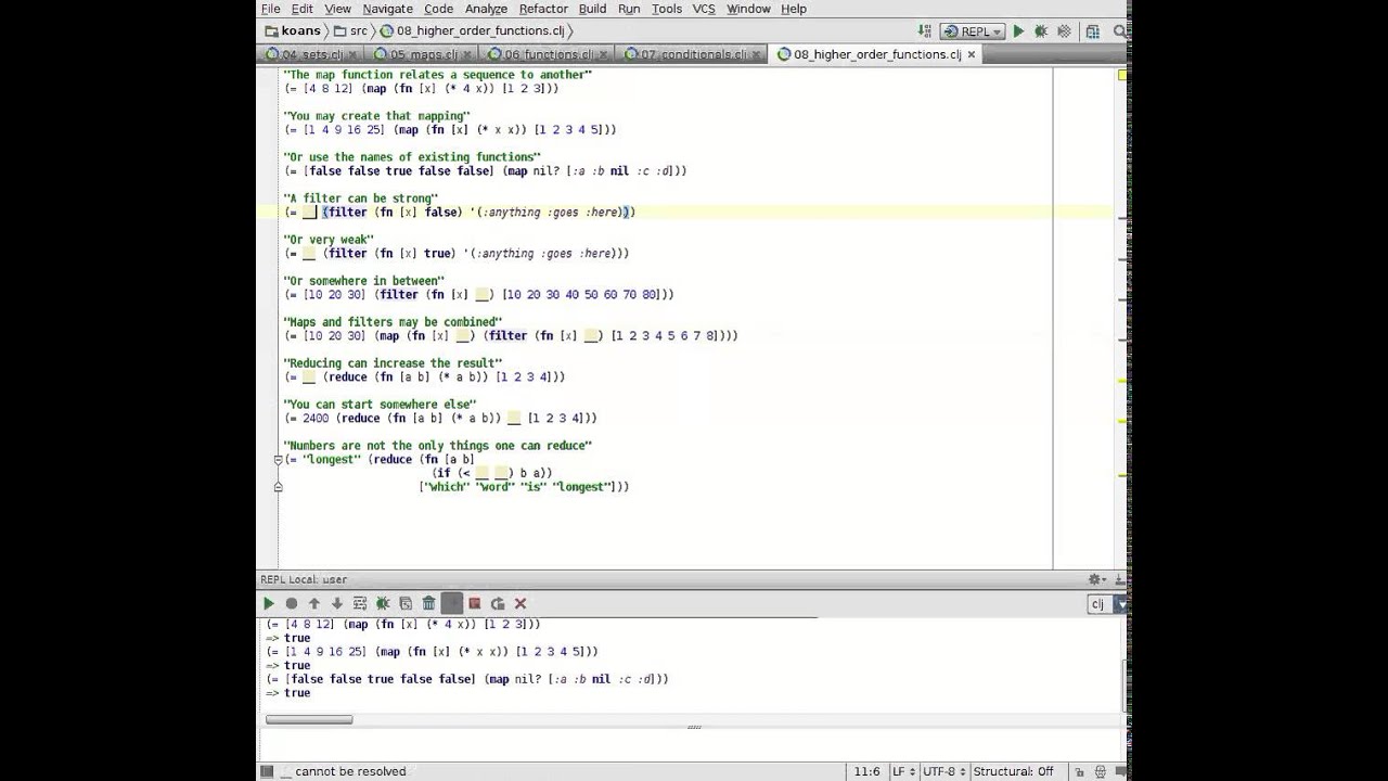 Clojure Koans 8 -  Higher Order Functions