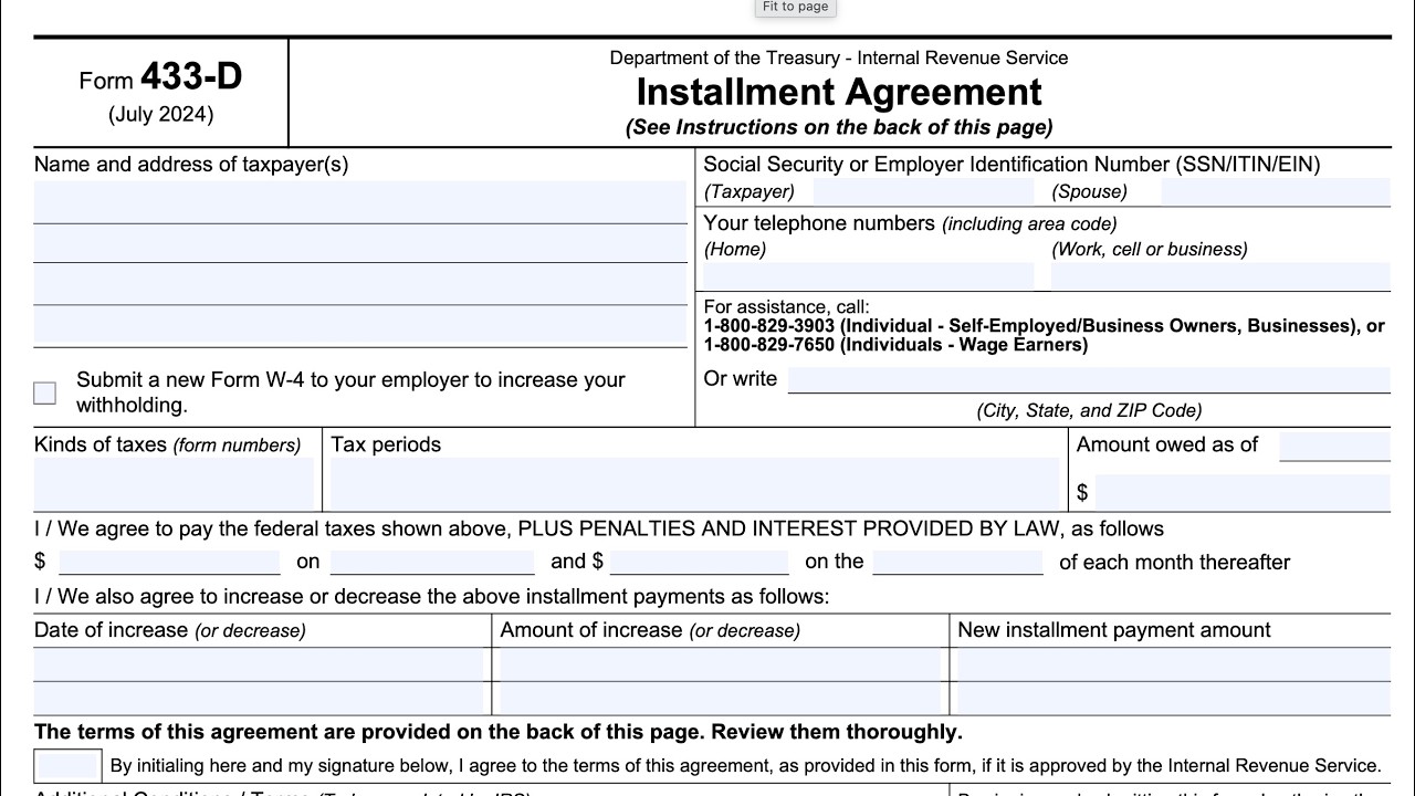 IRS Form 433-D walkthrough (Installment Agreement)