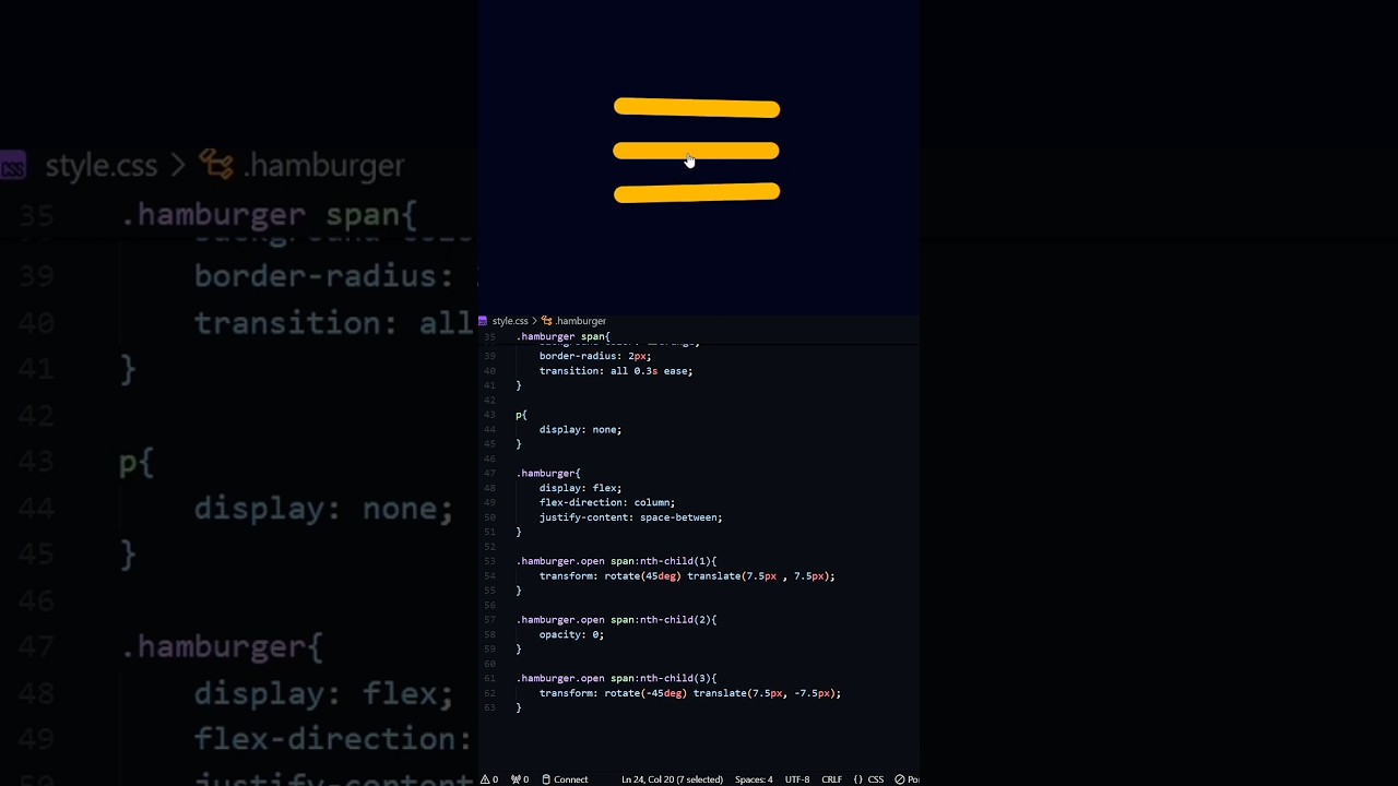 Hamburger Menu with Cross Animation | HTML CSS JS Tutorial #shorts  #coding #webdesign