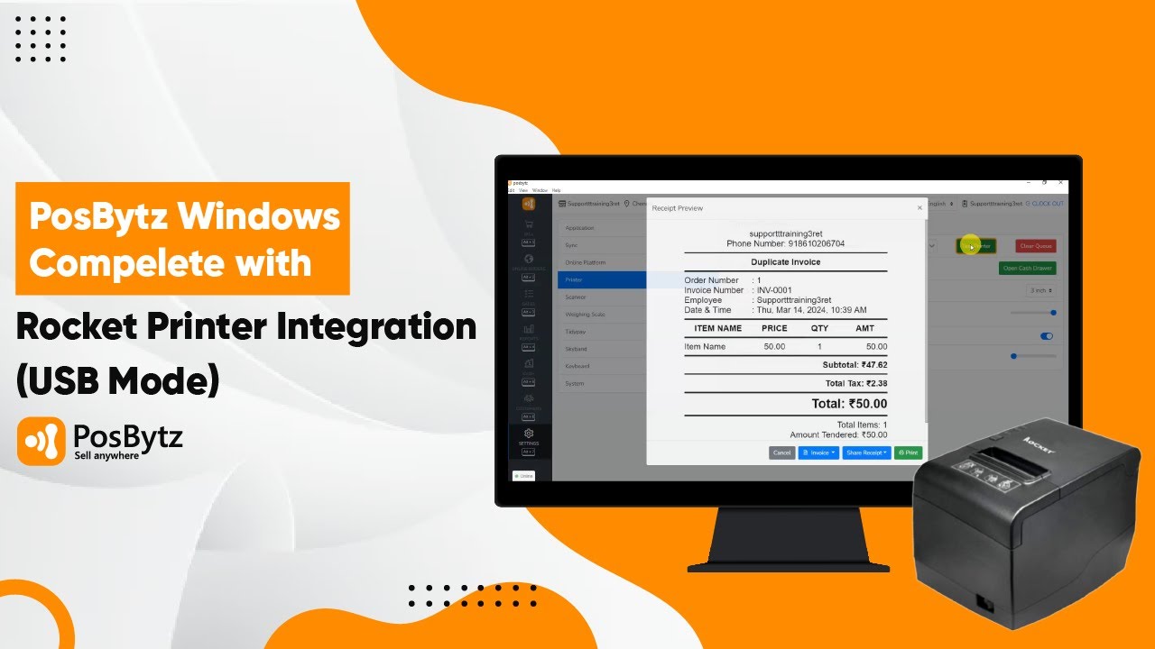 PosBytz Windows POS System with Rocket Printer | Printer Integration (USB Mode)