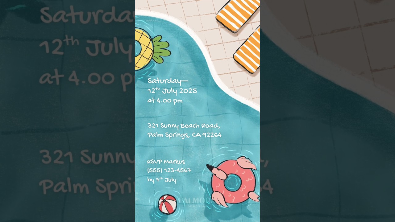 Hand Drawn Tropical Pool Party Video Invitation | Personalized Digital Invite