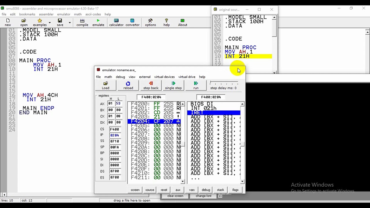 How to take an input and show the output in assembly language using emu8086.