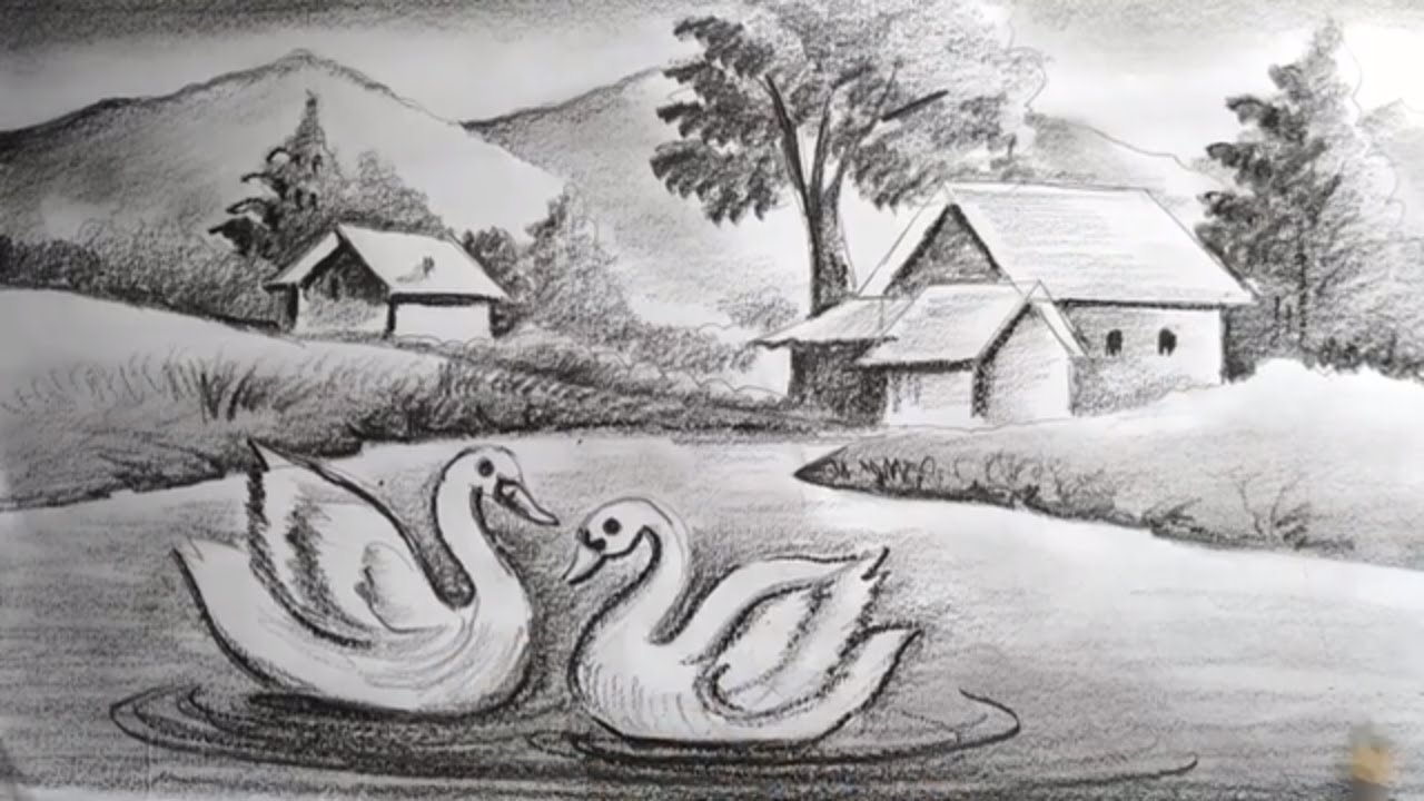 how to draw easy pencil sketch scenery for kids,landscape pahar and river side scenery drawing