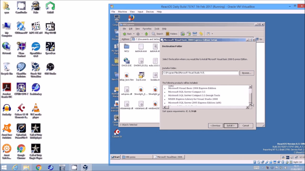 Trying to run Microsoft Visual Basic 2008 Express Edition on ReactOS [retest]