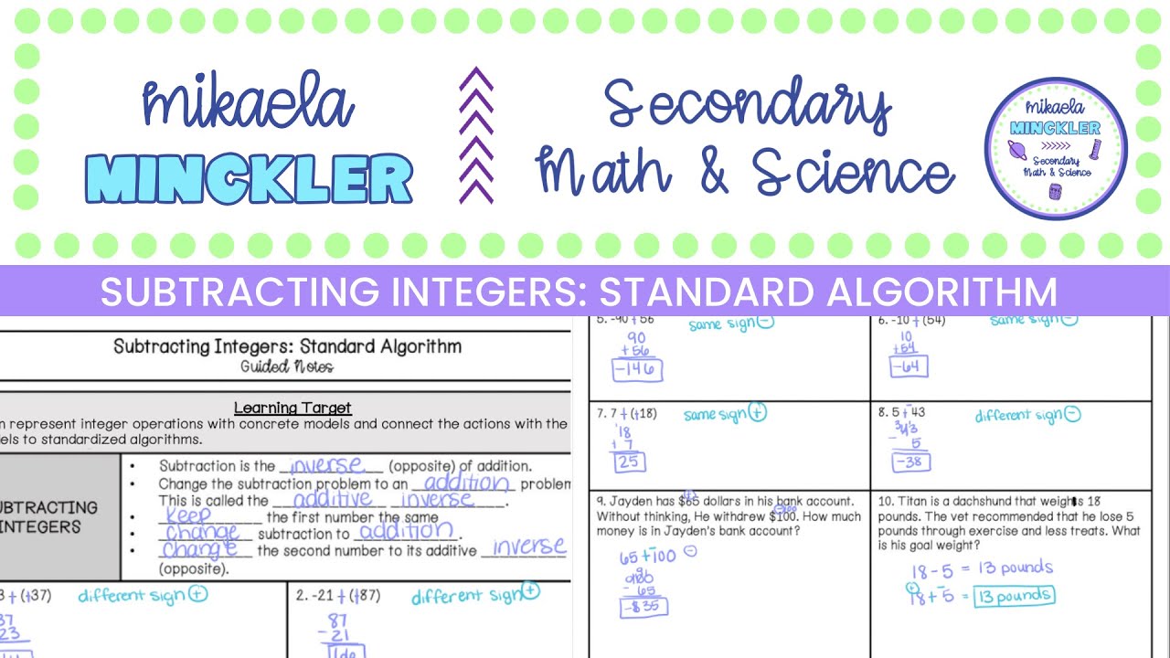 Subtracting Integers Standard Algorithm Guided Notes Lesson | 6th Grade Math