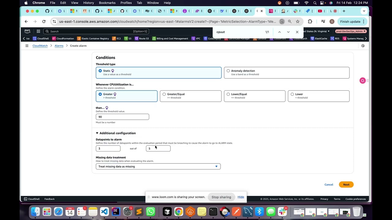 Create a Cloudwatch alarm for RDS CPU Utilisation in AWS