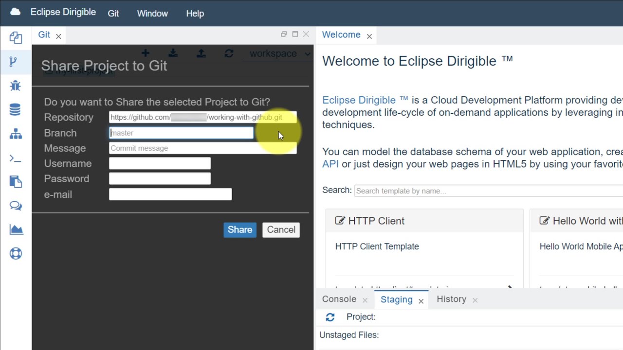 Eclipse Dirigible - Share Projects with GitHub