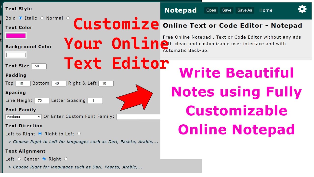 Customizable Online Free Notepad or Text Editor with Automatic Backup - Change Text Color Size