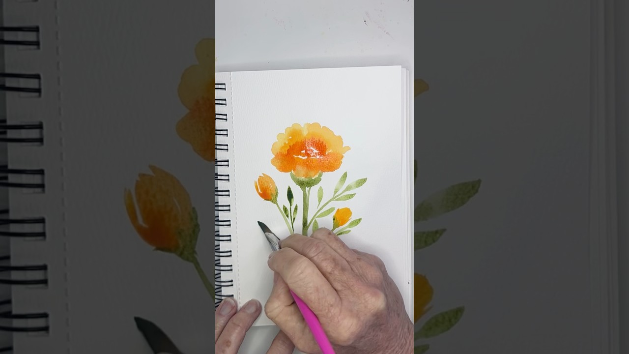 Easiest Watercolor Marigolds EVER!  Filbert brush Magic is happening.