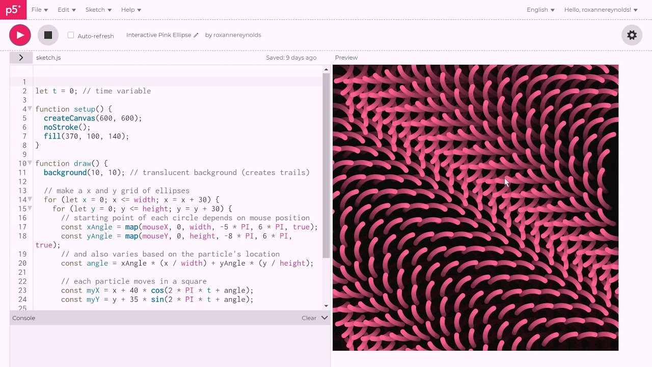 Coding interactive ellipses on p5.js for Art 357