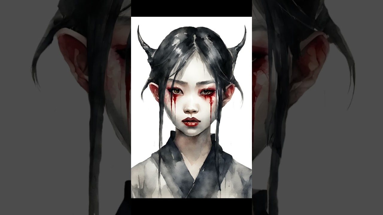 Creepy Watercolor Asian Vampire Women: Digital Clip Art for Dark Art & Occult Inspirations