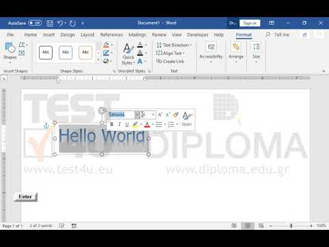 Insert a WordArt design using the text Hello World, font 32pt Tahoma, in Triangle Down transform...
