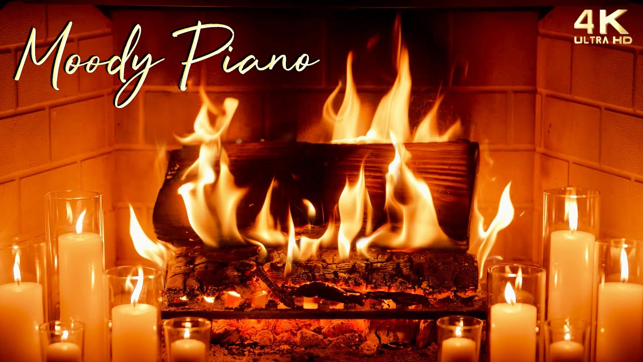 Cozy Fireplace with Moody Piano Music | Crackling Fire Ambience with Soft Candle Glow