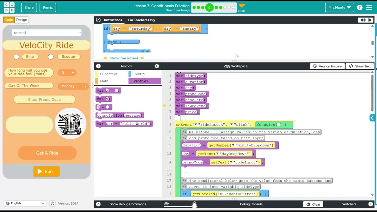 Code.org Computer Science Principles Unit 4: Lesson 7 - Conditionals Practice - Path B  - VeloCity
