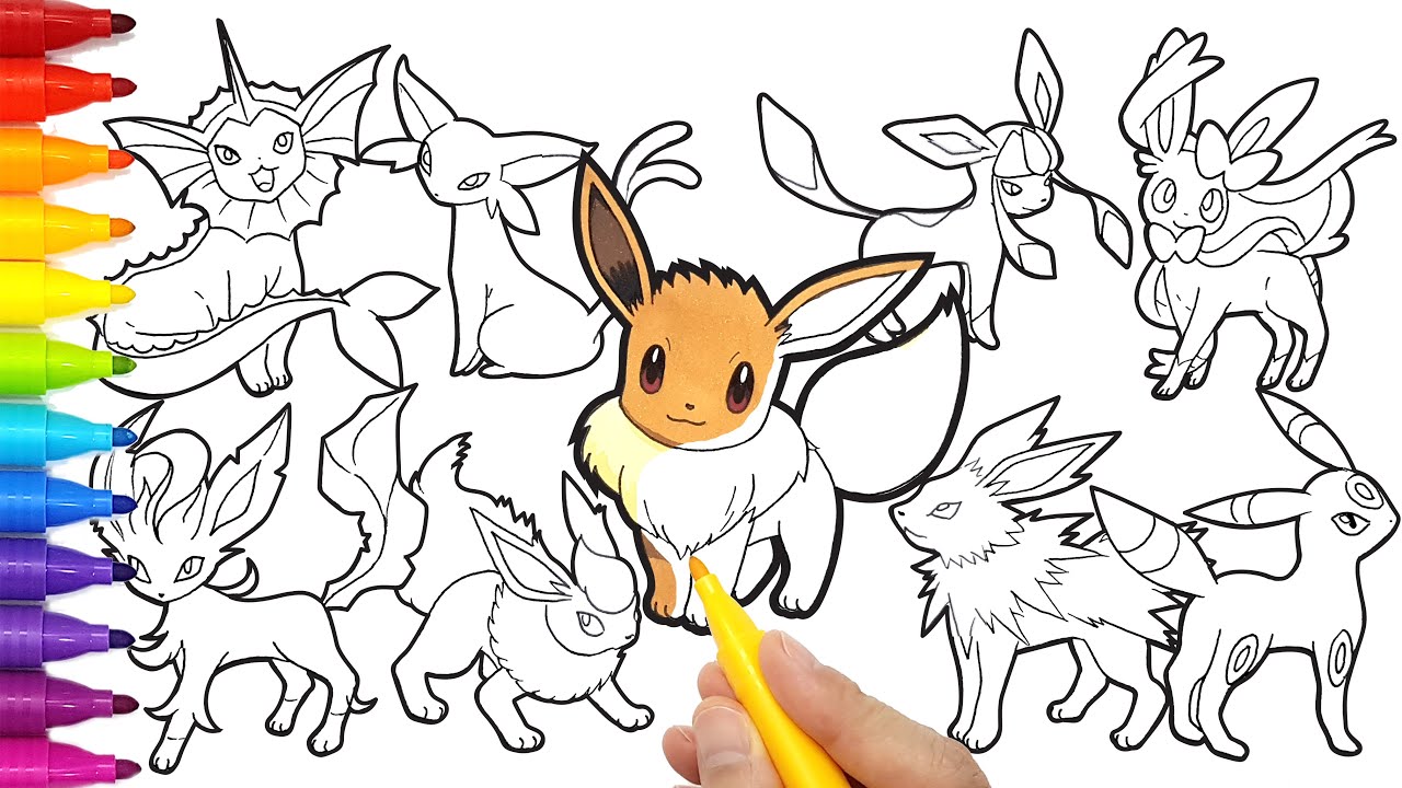 Draw Pokémon Eevee and 8 Evolutions Espeon, Umbreon, Vaporeon . Drawing and Coloring Pages