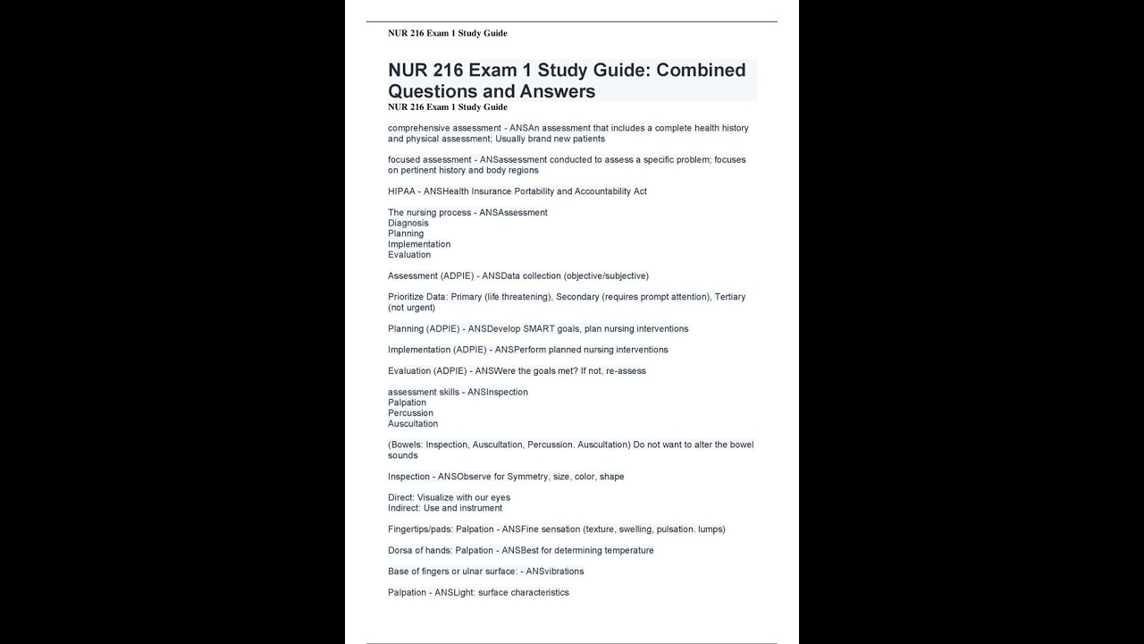 NUR 216 EXAM 1 STUDY GUIDE; COMBINED QUESTIONS AND ANSWERS