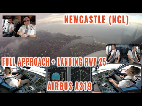 NEWCASTLE (NCL), UK | Approach + landing runway 25 | Airbus pilots + cockpit views | with briefing